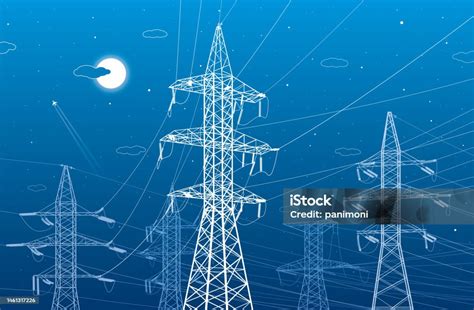 고전압 전송 시스템 전기 극 전력선 상호 연결된 전기의 네트워크 파란색 배경에 흰색 Otlines 벡터 디자인 일러스트 레이 션