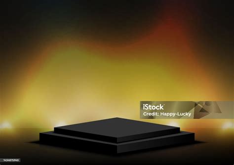 어두운 배경에 빛나는 효과 디자인이있는 정사각형 검은 연단 제품 전시 광고 쇼 콘테스트 수상 및 수상자를 위해 빈 스테이지 벡터 일러스트레이션 강단에 대한 스톡 벡터 아트