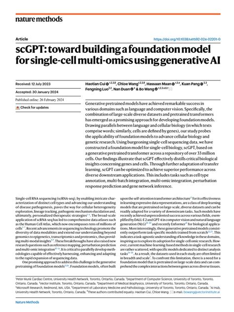 Scgpt Toward Building A Foundation Model For Single Cell Multi Omics Using Generative Ai Pdf
