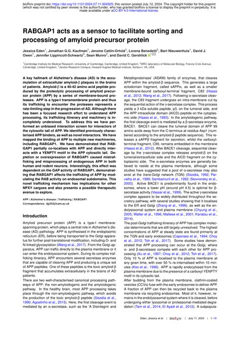 Pdf Rabgap1 Acts As A Sensor To Facilitate Sorting And Processing Of Amyloid Precursor Protein