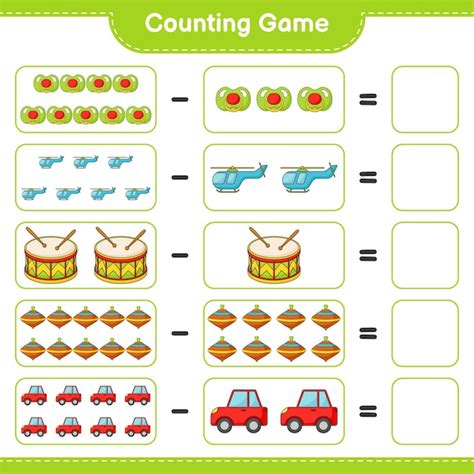 자동차 젖꼭지 헬리콥터 드럼 소용돌이 장난감의 수를 세고 일치시키고 올바른 숫자와 일치시킵니다 교육 어린이 게임 인쇄용 워크시트 벡터 일러스트 레이 션