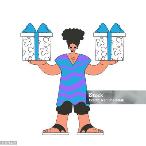 그 남자는 선물 상자를 들고 있습니다 휴일과 선물의 개념 90 년대 스타일의 캐릭터 남자에 대한 스톡 벡터 아트 및 기타 이미지 남자 남자들만 놀라움 Istock