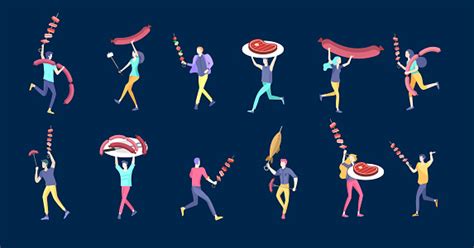 바베큐를 준비하는 사람들 바베큐 파티 고기를 굽는 사람들 개념적 현대와 유행 다채로운 벡터 일러스트 Barbecue