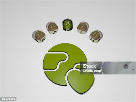 지구의 3d 그래픽 이미지는 상단 관점에서 금속 입방 문자로 아이콘 주위에 내장 된 텍스트와 함께 수직으로 개념 프리젠 테이션