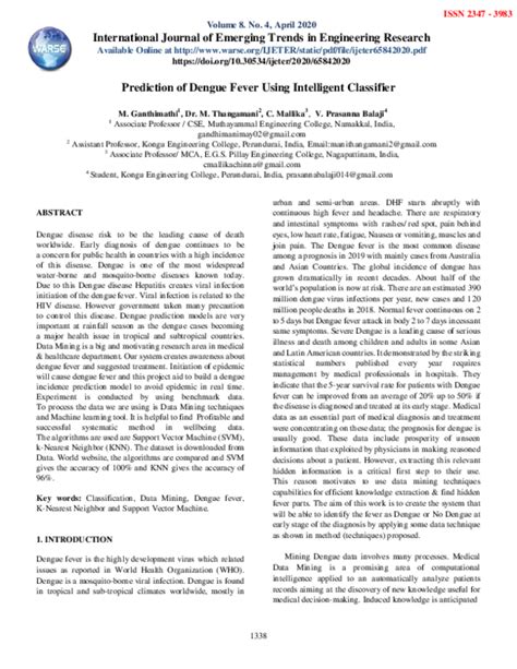 Pdf Prediction Of Dengue Fever Using Intelligent Classifier