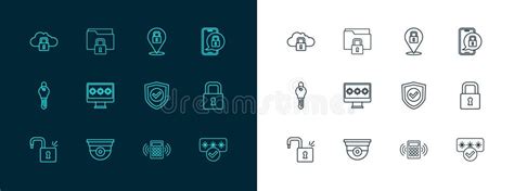 Set Line Mobile With Closed Padlock Security Camera Shield Check Mark Keypad Access Panel