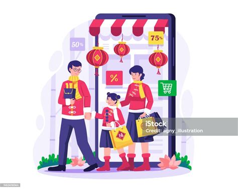 온라인 쇼핑 개념 그림입니다 스마트폰을 통해 걷고 있는 아시아 가족이 상품과 선물을 사고 있다 새해 복 많이 받으세요 가방에 대한 스톡 벡터 아트 및 기타 이미지 Istock