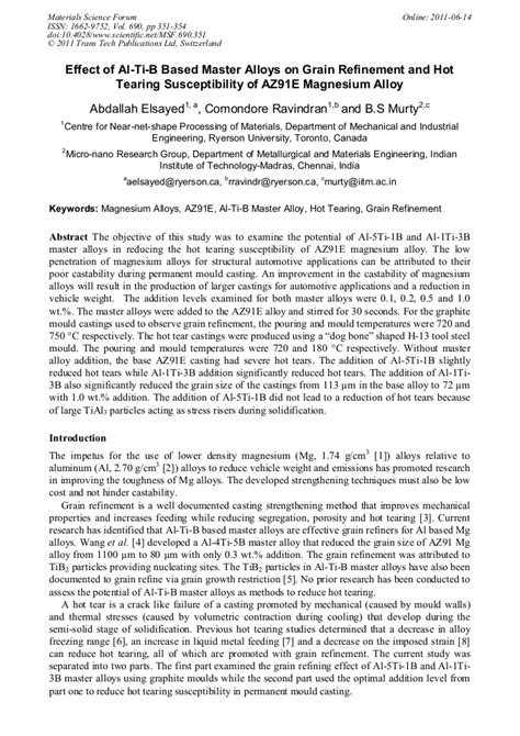 Effect Of Al Ti B Based Master Alloys On Grain Refinement And Hot Tearing Susceptibility Of