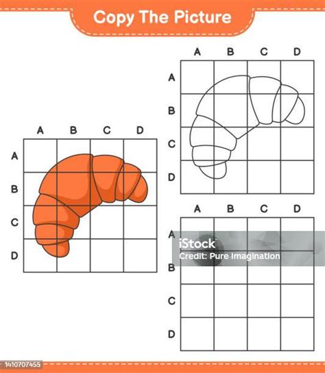 그림을 복사하고 격자선을 사용하여 크로와상 사진을 복사하십시오 교육 어린이 게임 인쇄 가능한 워크 시트 벡터 일러스트 레이 션 0명에 대한 스톡 벡터 아트 및 기타 이미지