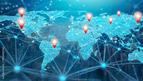 Digital Map Featuring Interconnected Location Pins Symbolizing Global Network Connectivity And