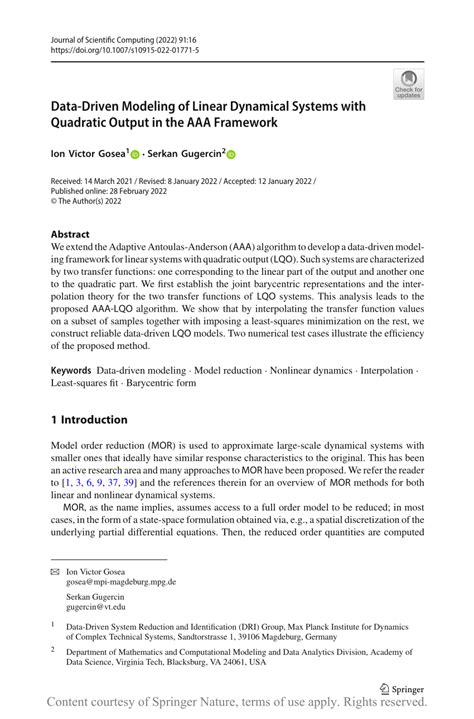 PDF Data Driven Modeling Of Linear Dynamical Systems With Quadratic Output In The AAA Framework