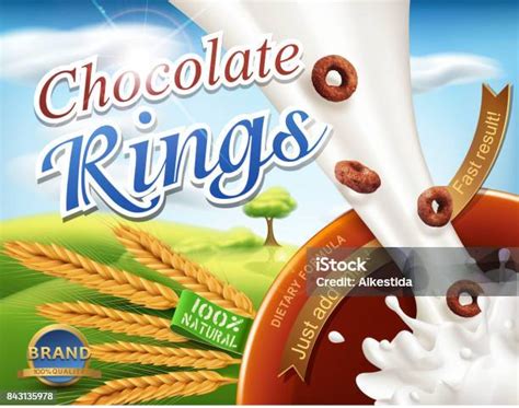 현실 그릇에 붓는 우유 스플래시와 초콜릿 링 벡터 3d 그림 현대적인 디자인 포장 판매 빠른 아침 식사 건강 식품 템플릿 광고 브로셔 배너 광고에 대 한 요소 0명에 대한