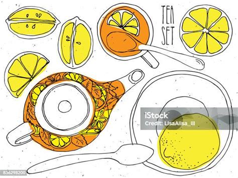 차 손 그리기 세트주전자 컵과 스푼 레몬의 라임 흰색 배경에 고립 된 컬렉션 검은색에 대한 스톡 벡터 아트 및 기타 이미지 검은색 과즙기 낙서 드로잉 Istock
