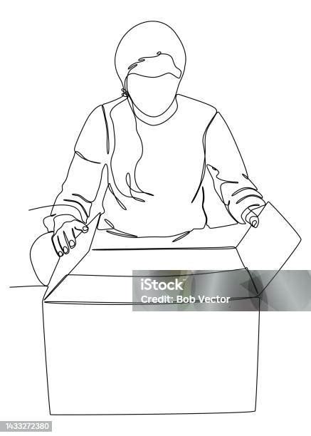 여성 구매자 언박싱 메일 패키지의 연속 줄 그리기 씬 라인 일러스트 레이 션 벡터 개념 윤곽선 그리기 창조적 인 아이디어 한붓