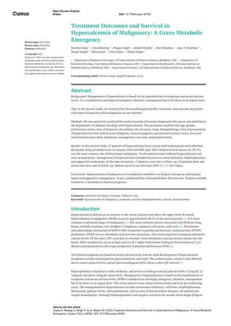 Pdf Treatment Outcomes And Survival In Hypercalcemia Of Malignancy A