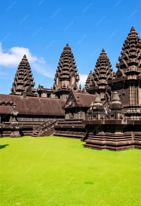 A Green Grassy Field With A Green Lawn In Front Of A Temple Premium Ai Generated Image