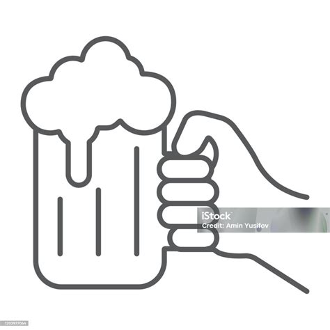 손으로 맥주 얇은 라인 아이콘 세인트 패트릭의 날과 알코올 손 잡고 유리 맥주 기호 벡터 그래픽 흰색 배경에 선형 패턴 Eps