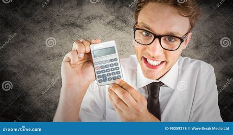 Nerd With Calculator Against Brown Grunge Background Stock Photo Image Of Calculator Cheerful