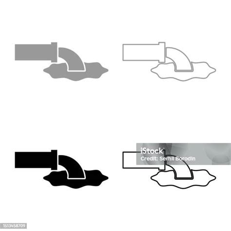 폐수 유체는 배수 산업이 있는 파이프에서 유출 하수도 개념 청소 세트 아이콘 회색 검정 색상 벡터 그림 이미지 솔리드 채우기 윤곽선 등고선 얇은 플랫 스타일로 누출됩니다