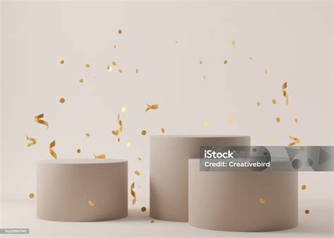 베이지 색 배경에 떨어지는 색종이가있는 연단 세트 제품 화장품 프리젠 테이션을위한 우아한 연단 럭셔리 모형 미용 제품을위한 받침대 또는 플랫폼 빈 장면 3d 렌더링 받침대에