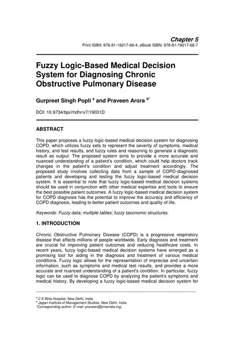Pdf Fuzzy Logic Based Medical Decision System For Diagnosing Chronic Obstructive Pulmonary Disease