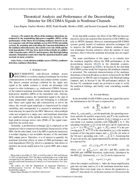 Pdf Theoretical Analysis And Performance Of The Decorrelating Detector For Ds Cdma Signals In