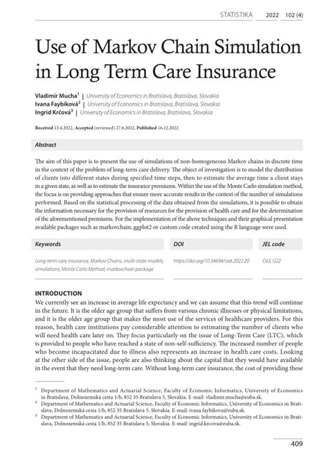 Pdf Use Of Markov Chain Simulation In Long Term Care Insurance