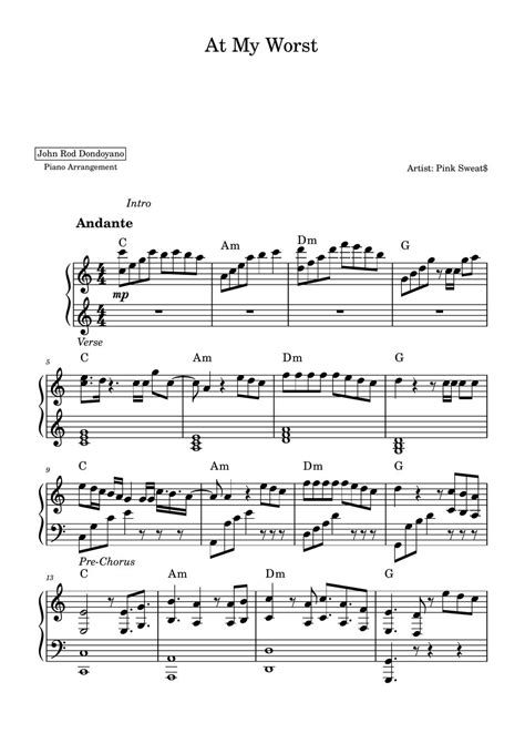Pink Sweat At My Worst Piano Sheet Лист By John Rod Dondoyano