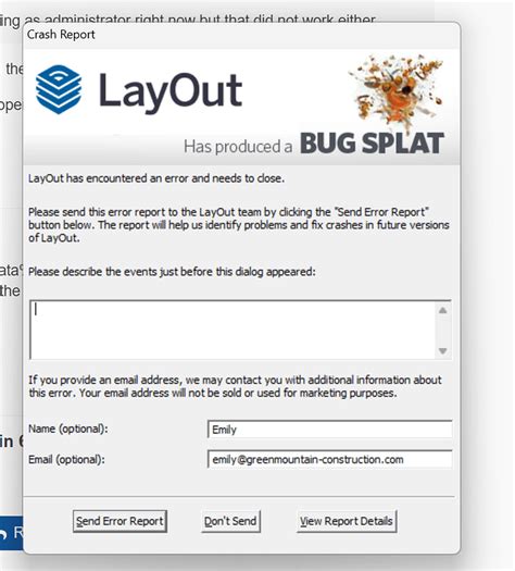 layout continually having bugsplat when opened technical problems