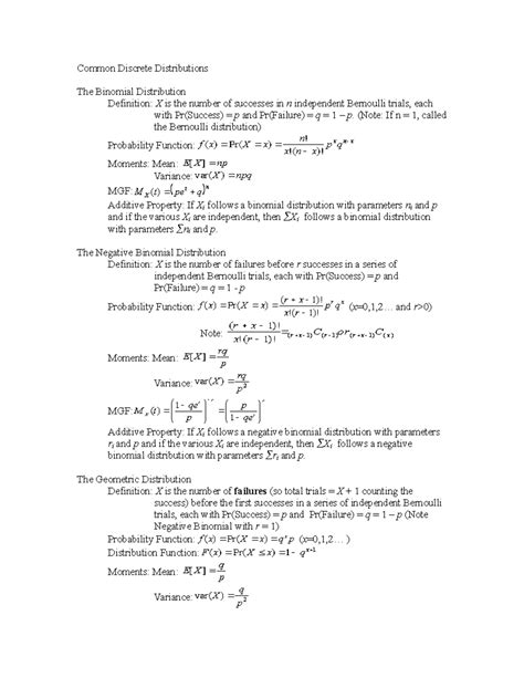 Discrete Distributions Notes Common Discrete Distributions The Binomial Distribution