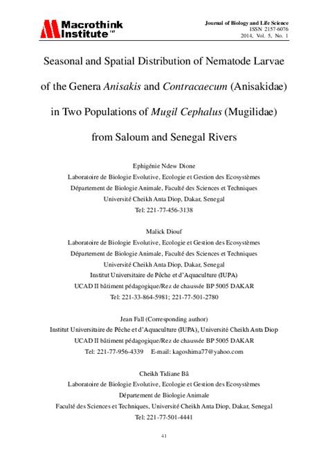 Pdf Seasonal And Spatial Distribution Of Nematode Larvae Of The