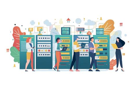 Group Of People Work In Server Room Racks Cloud System Concept Computing Technology Flat