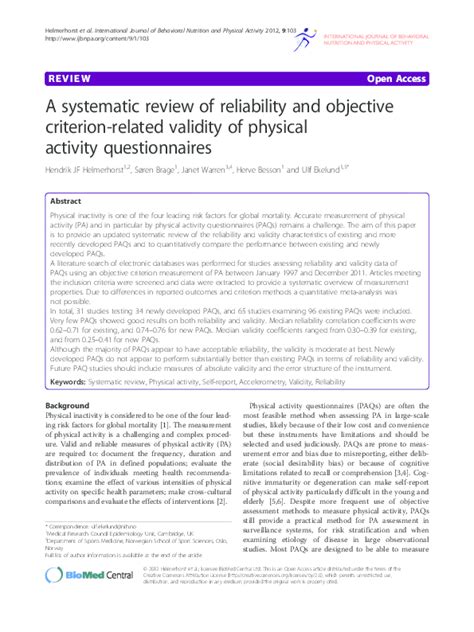 Pdf A Systematic Review Of Reliability And Objective Criterion Related Validity Of Physical