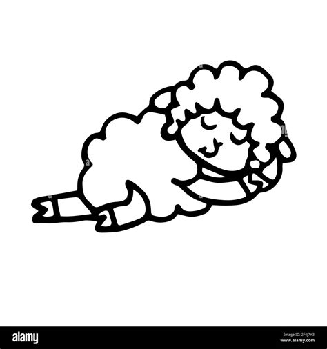 Cheerful Funny Ram Sleeping Lamb Outline Hand Drawing Isolated On