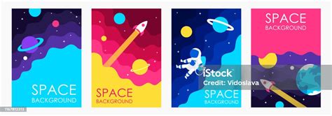 만화 공간입니다 갤럭시 전단지 배너 소책자 프레임 브로셔 포스터 카드에 대한 템플릿 의 집합입니다 벡터 Eps 10 어린이 그림입니다 우주행성 우주에 대한 스톡 벡터 아트