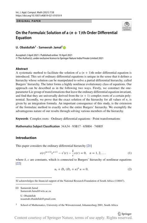 On The Formulaic Solution Of A N 1 Th Order Differential Equation Request Pdf