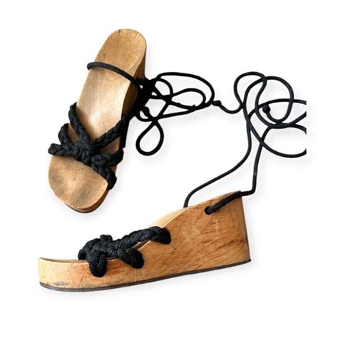Shoes Vintage Wood Wedge Rope Sandals Wrap Around Rope Black Poshmark