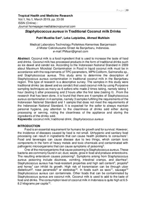 Pdf Staphylococcus Aureus In Traditional Coconut Milk Drinks