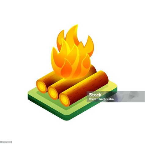 캠프 파이어 아이소메트릭 아이콘과 3차원 디자인의 벡터 그림 캠프 캐러밴 캠핑 텐트 하이킹 모험 여행 야외 숲 나무 산 피크닉