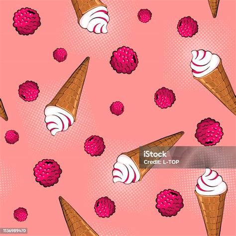 완벽 한 패턴입니다 분홍색 배경에 손으로 그린 아이스크림 및 라즈베리 열매 벡터 일러스트 과일에 대한 스톡 벡터 아트 및 기타