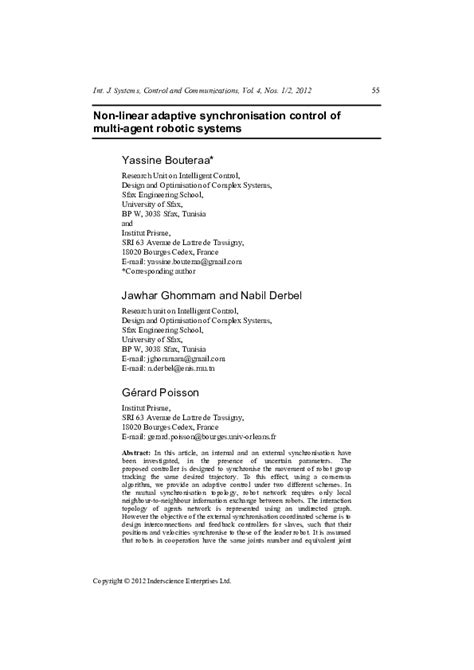 non linear adaptive synchronisation control of multi agent robotic systems