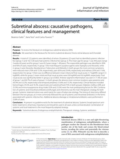 Pdf Subretinal Abscess Causative Pathogens Clinical Features And