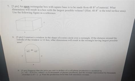 Solved Pts An Open Rectangular Box With Square Base Chegg