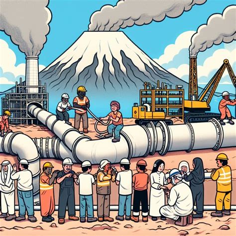 Simple Drawing Of Workers Building Geothermal Power Plant Near Volcano