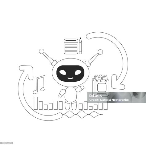 개인 스마트 어시스턴트 봇 씬 라인 컨셉 벡터 일러스트레이션 웹 디자인 도우미 로봇 2d 만화 캐릭터 챗봇 작업 계획 및 시간 관리 소프트웨어 크리에이티브 아이디어 2차