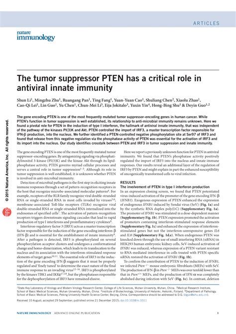 Pdf The Tumor Suppressor Pten Has A Critical Role In Antiviral Innate Immunity