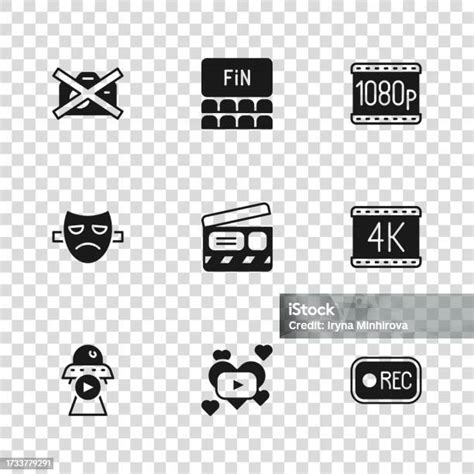 로맨틱 영화 4k 녹화 버튼 영화 클래퍼 풀 Hd 1080p 비디오 녹화 금지 스크린이 있는 시네마 강당 및 드라마 극장 마스크 아이콘을 설정합니다 벡터 4k해상도에 대한