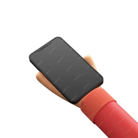 평면도에서 제품 광고 또는 앱 프레젠테이션 디자인을 위한 스마트 폰 빈 화면을 들고 있는 인간의 손의 3d 렌더링 프리미엄 사진