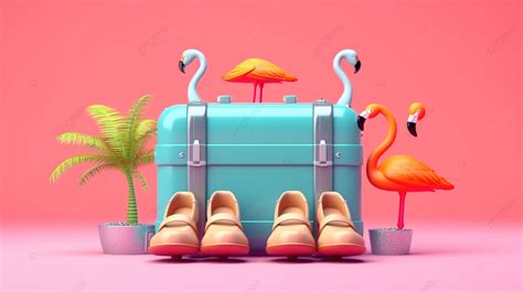 3d 그림에서 여름 재미 여행 가방 플라밍고 플로트 플립플롭과 선글라스를 준비하세요 풀 플로트 고무 링 풍선 수영장 배경 일러스트 및 사진 무료 다운로드 Pngtree