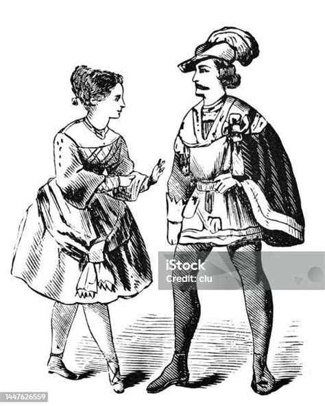 중세 부부가 이야기하고 그는 로빈 후드 모자와 망토를 두르고 그녀는 짧은 치마를 입고 전체 길이 사람들에 대한 스톡 벡터 아트 및 기타 이미지 Istock